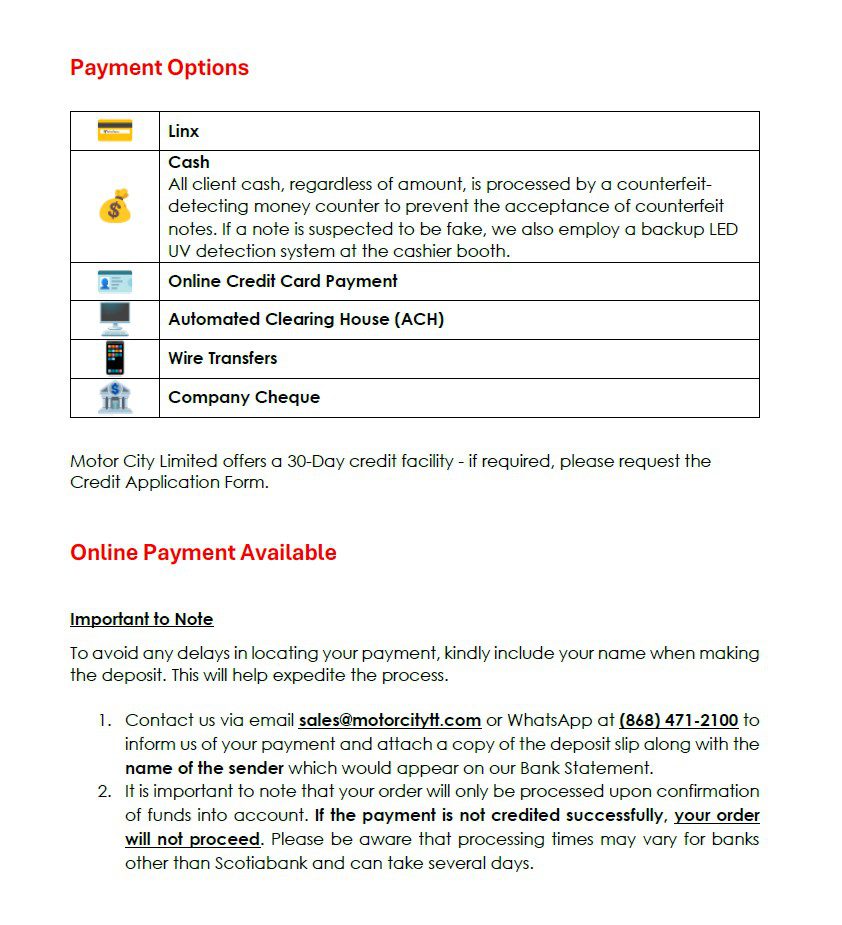 Payment & Processing – MOTOR CITY LTD